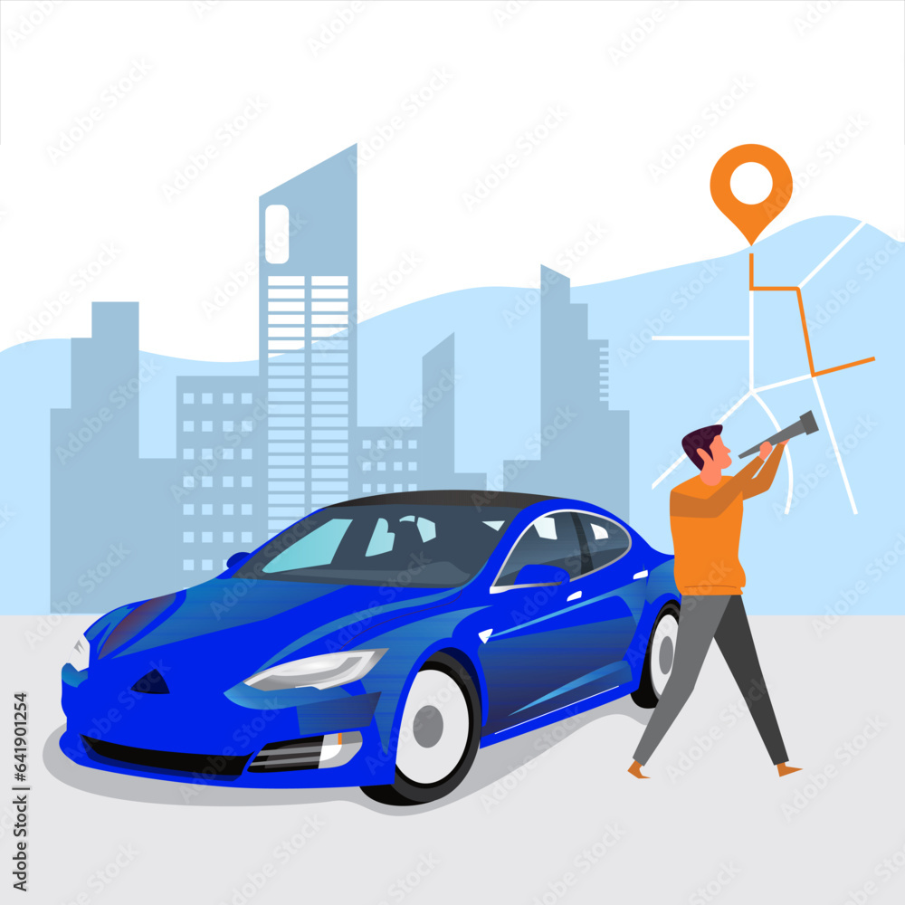 Blue car with route and points location on a city map on the urban ...