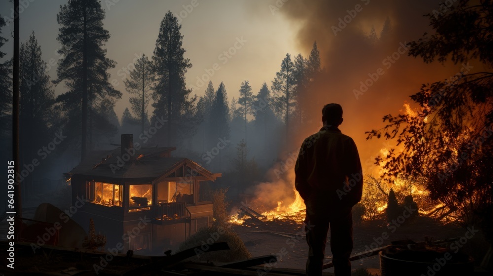 a silhouette of a man person standing in front of a forest wildfire ...