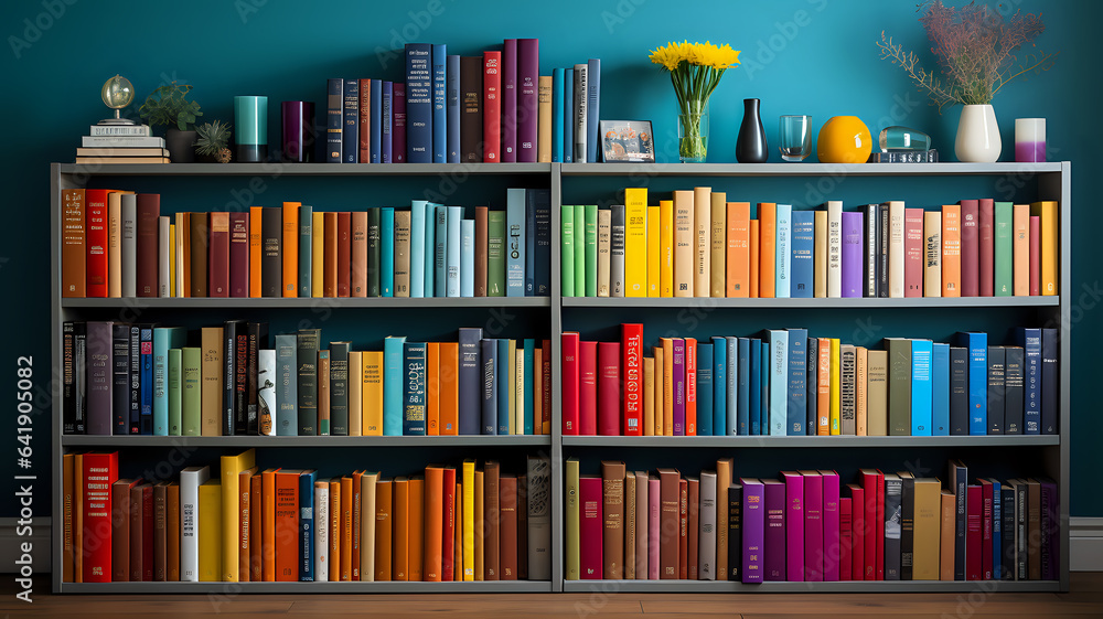 big bookshelf with colorful books, dream library, colorful banner ...