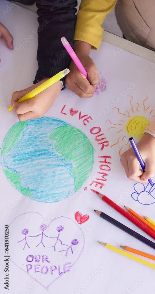 Group of kids in classroom, drawing and art from above for earth day ...