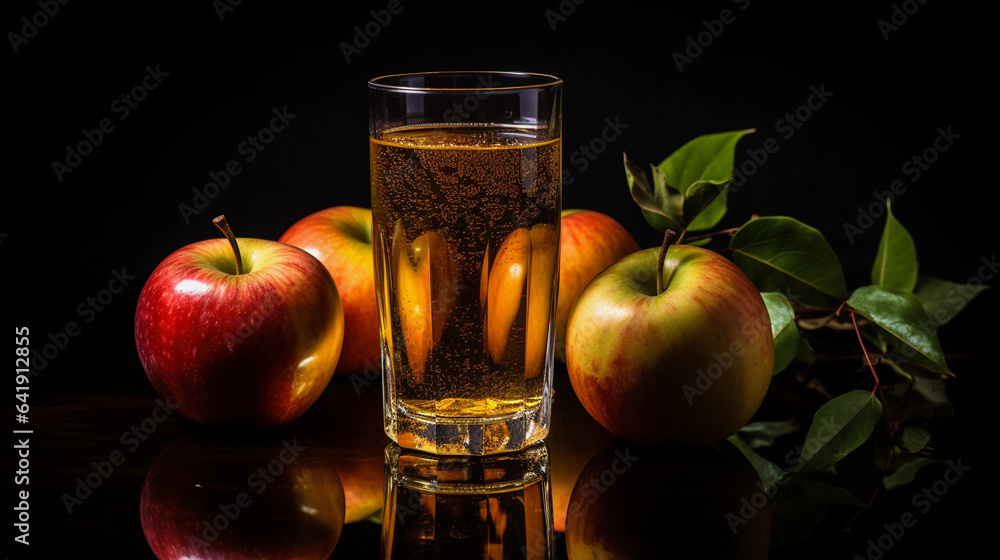 Apple Cider, Two Apples, and the Drama of a Black Background Stock ...