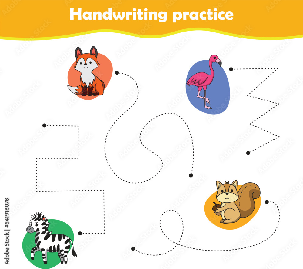 Handwriting practice sheet with vector illustration of cute animals ...