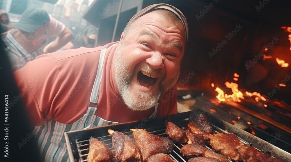 Funny and crazy smiling man busy at the barbecue cooks the most ...