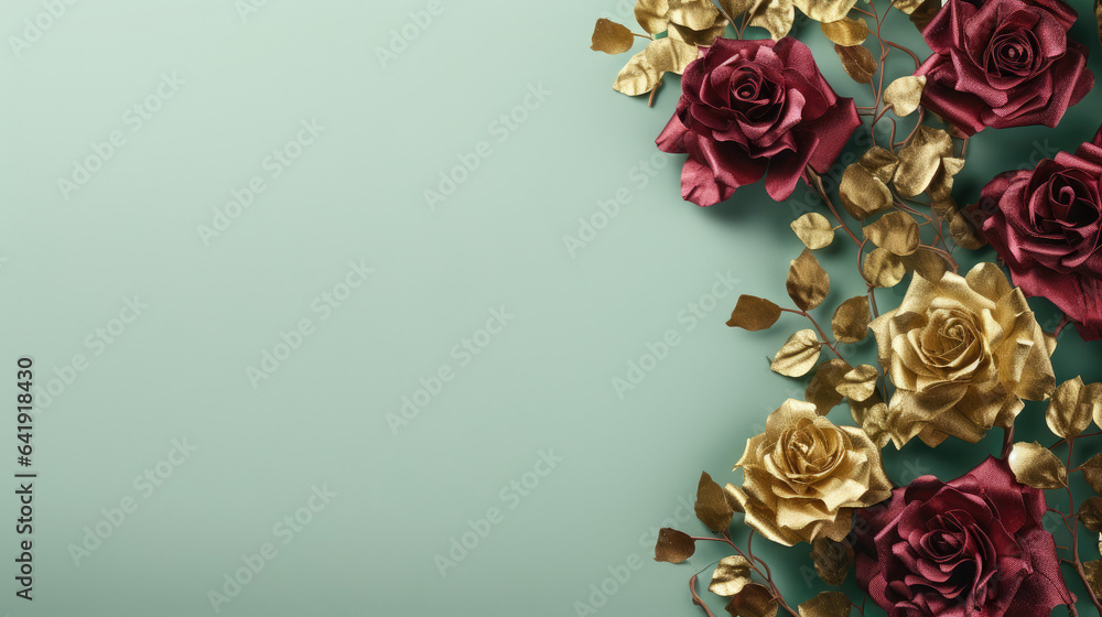 Dried red and gold roses border banner, aqua green blue background ...