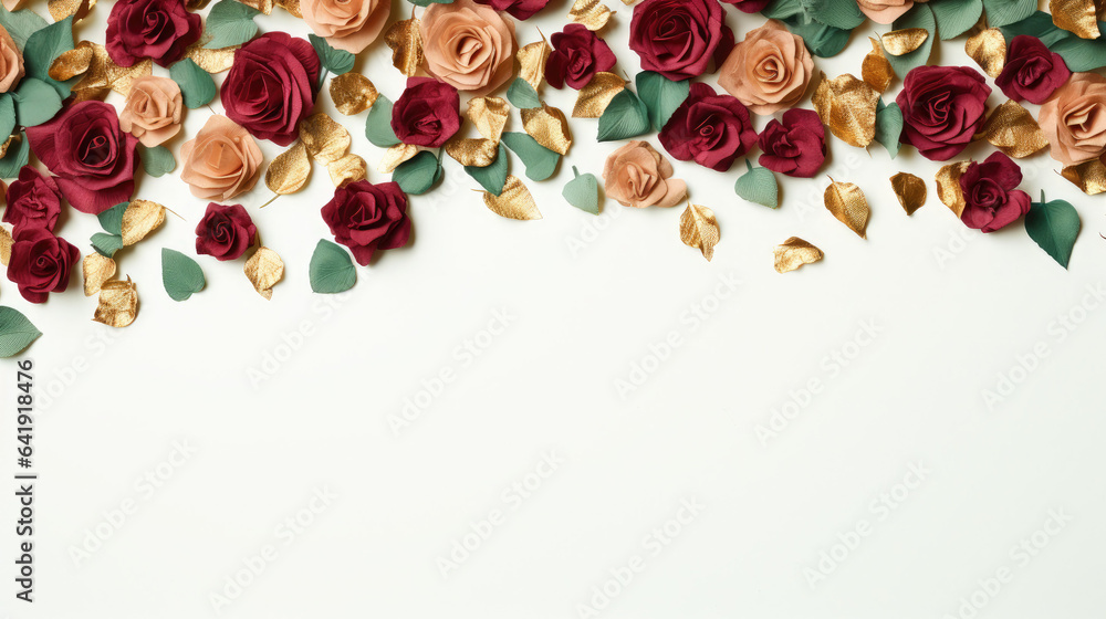 Dried red and gold roses border banner, white background Stock Photo ...