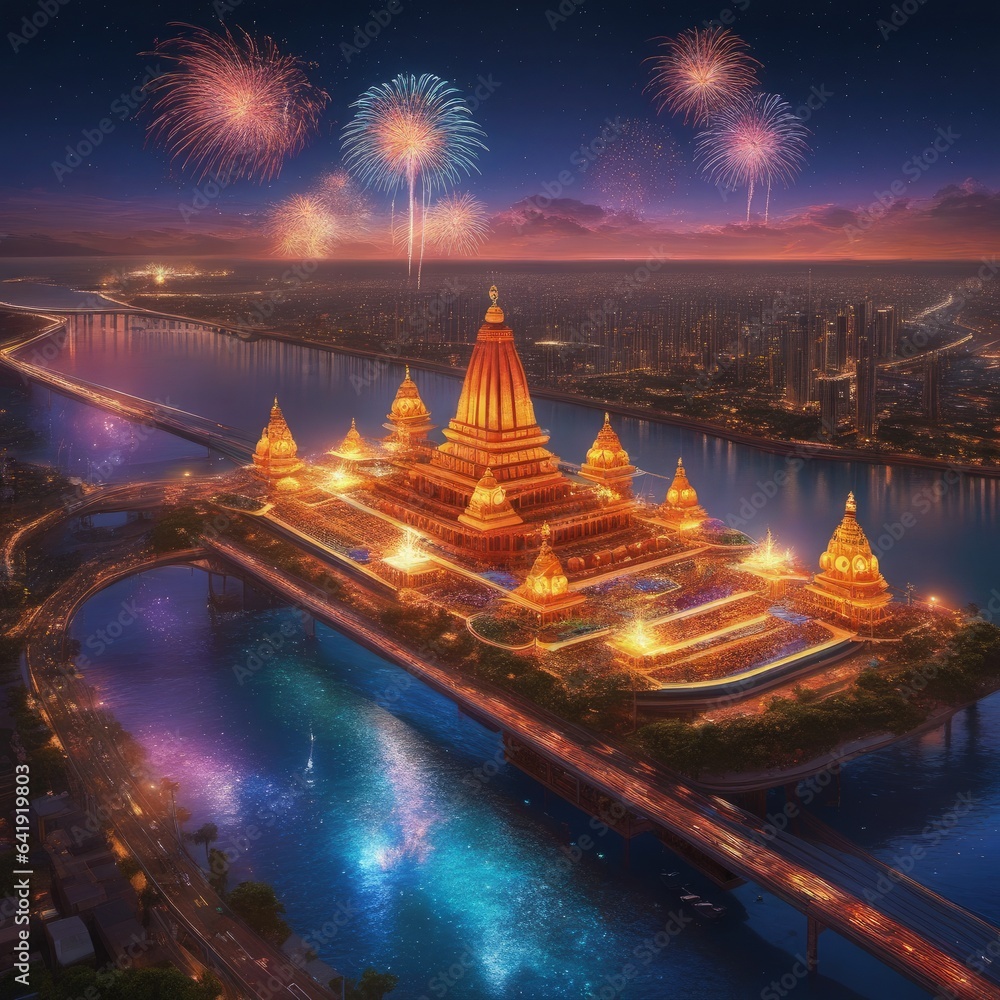 temple of heaven city, Ayodhya Temple in Night, Diwali Temple Lighting with fireworks Generative ...