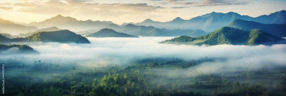 Generative AI : Foggy landscape in the jungle at sunrise. Fog and cloud mountain tropic valley ...