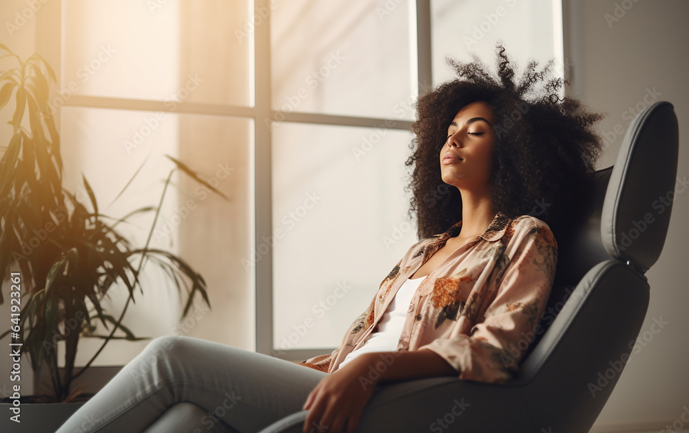 Smiling calm young black african american dark-skinned woman relaxing ...