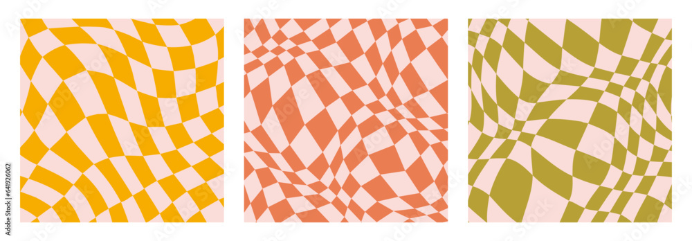 Groovy checkerboard background set. Retro wavy checkered pattern collection. Vintage psychedelic ...
