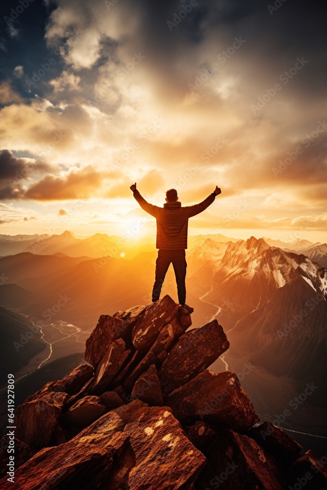 Reaching Your Goals Concept Depicted by a Person Triumphantly Standing ...