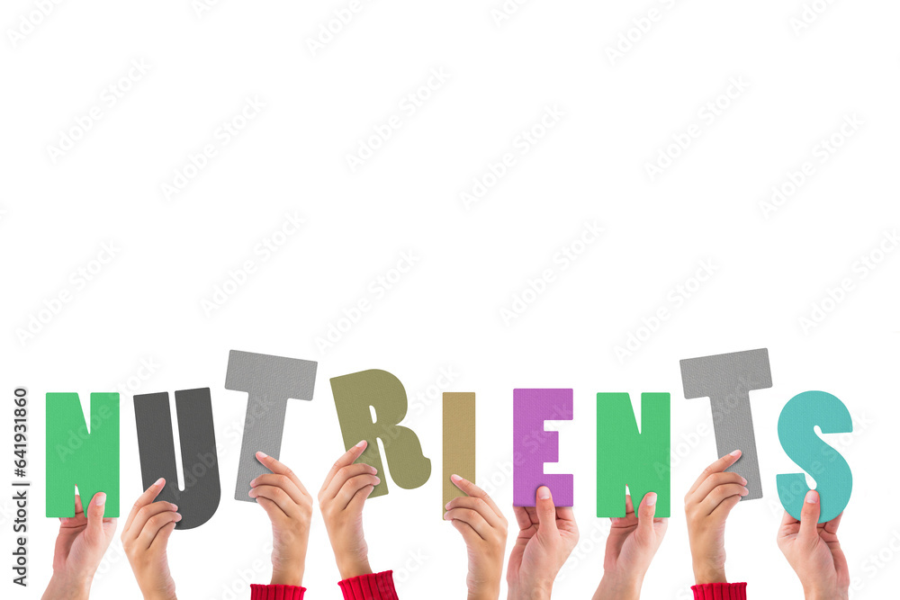 Digital png illustration of diverse hands holding nutrients text on ...