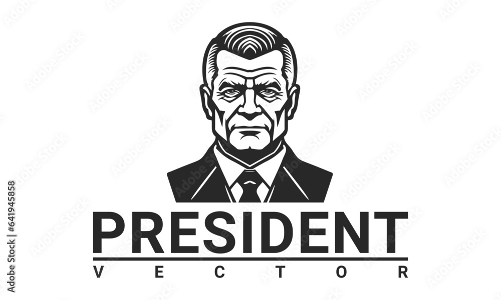 Vector black and white graphic portrait of a serious brutal power male ...