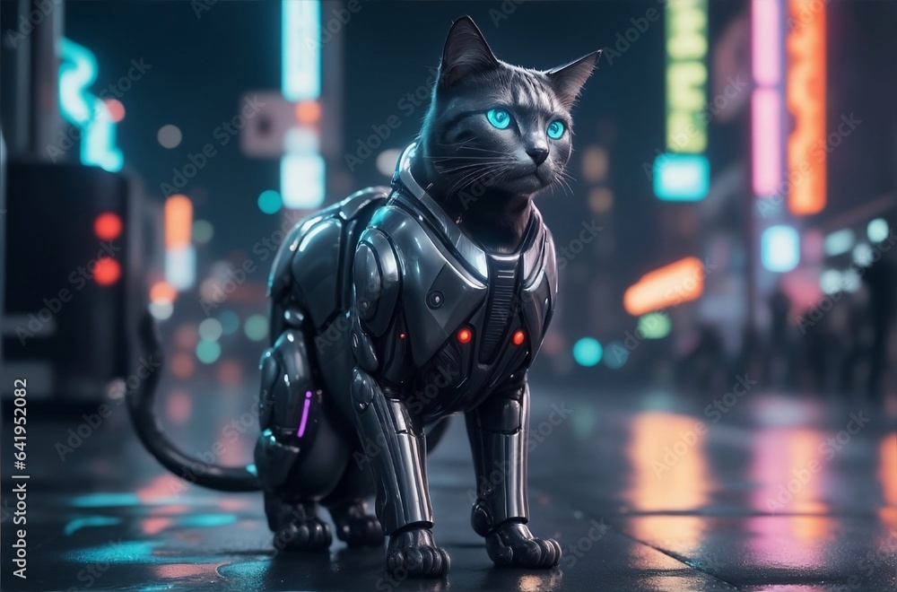 A futuristic mechanical cat standing on a neon-lit street corner in a ...