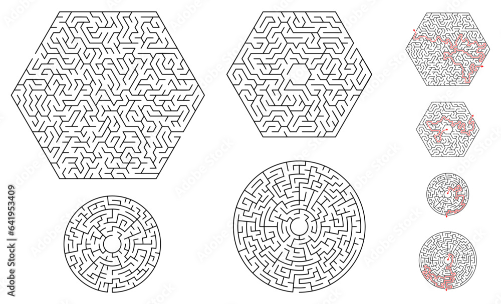 Black and white maze set with solution. A collection of hexagonal and ...