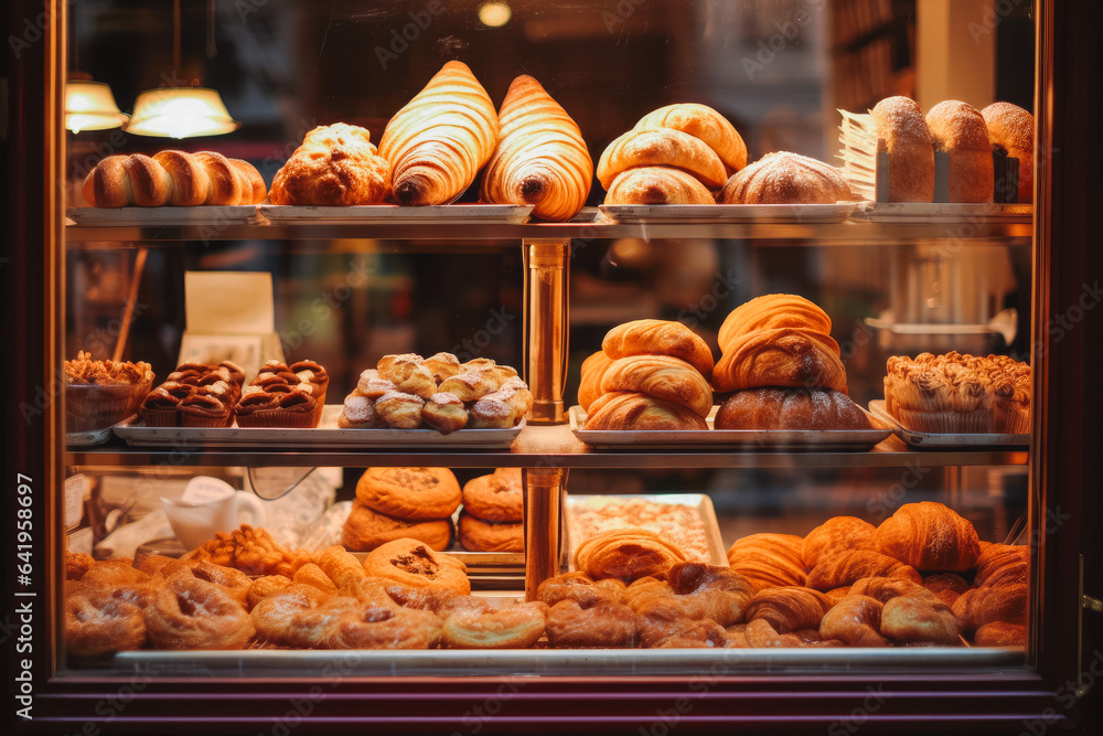 French bakery window. Pastries, croissants, donuts, pain au chocolate ...