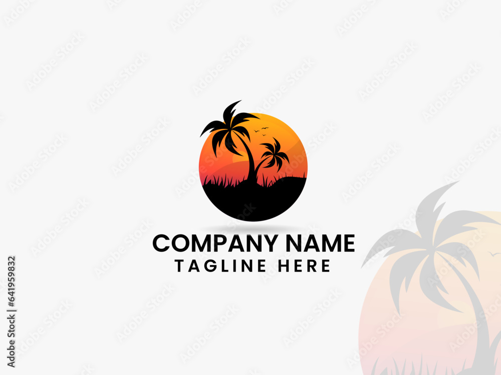 Beach logo design. Sunset logo. Beach tree vector. Sea logo. Ocean ...