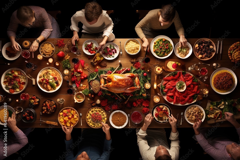 An aerial view of a Christmas dinner table, richly decorated with gold ...