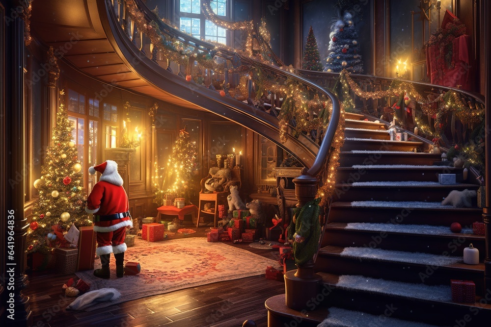 Santa Claus sneaking gifts under a brightly lit Christmas tree, with ...