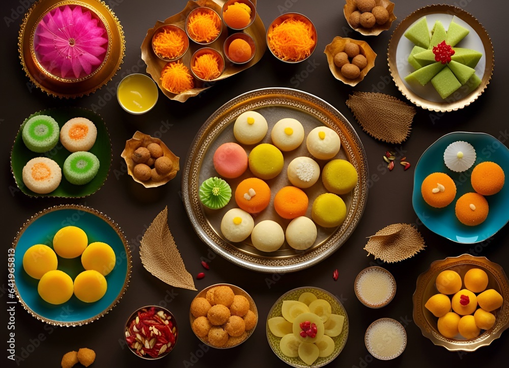 Indian sweets of peda, kaju katli, burfi, laddu in decorative plate ...