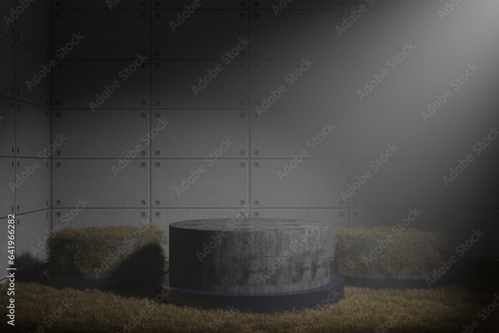 Dark interior concentrate room with fog and mist. industrial wall and ...