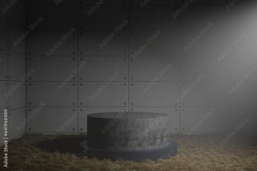 Dark interior concentrate room with fog and mist. industrial wall and ...