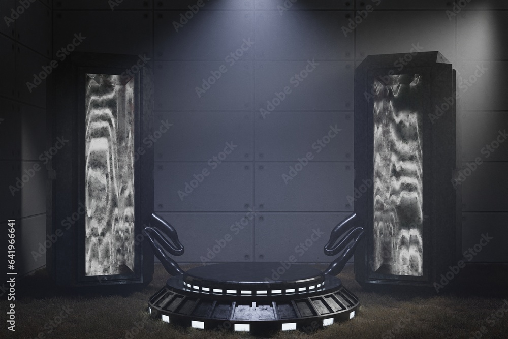 Dark interior concentrate room with fog and mist. industrial wall and ...