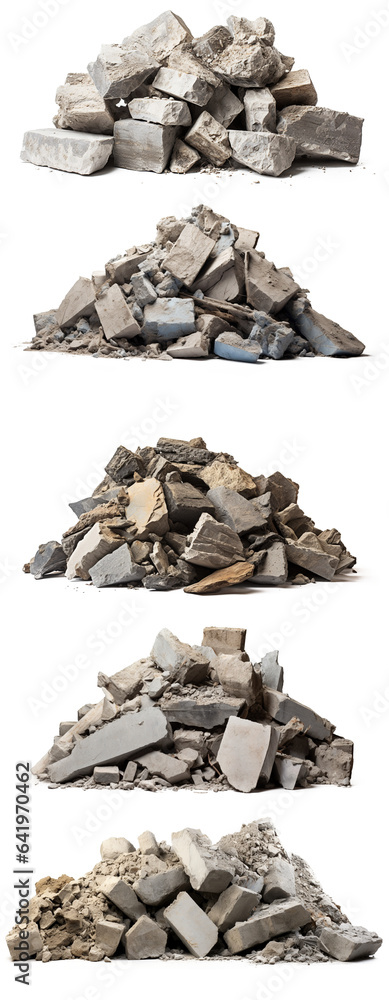Set of wall broken demolition destruction pile. Concrete debris rubble ...