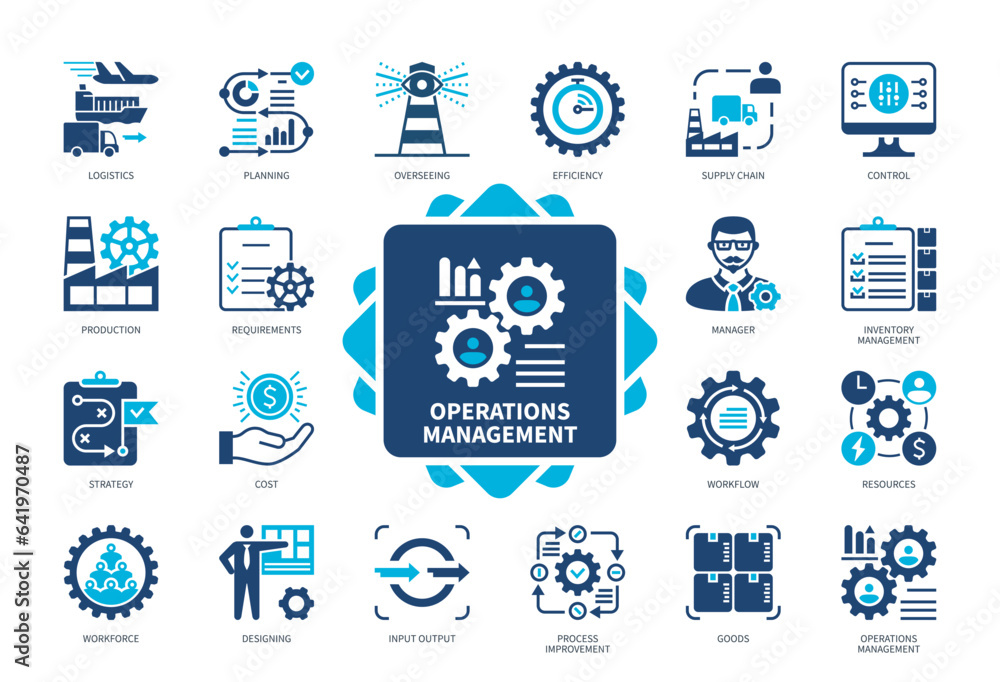 Operations Management icon set. Overseeing, Strategy, Logistics ...