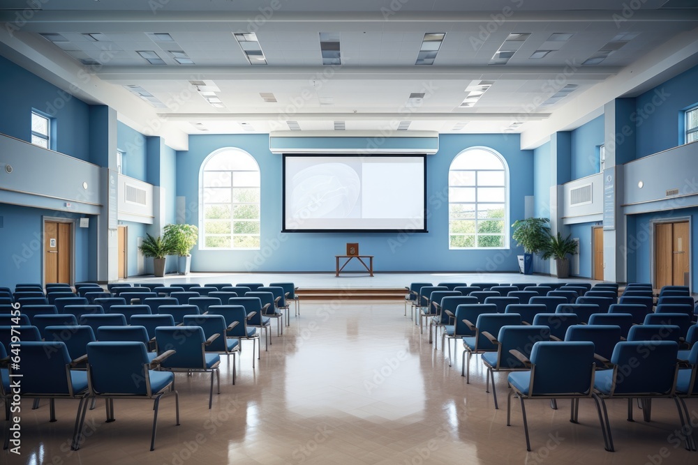 Interior of a conference room that is empty and has a presenting stage ...