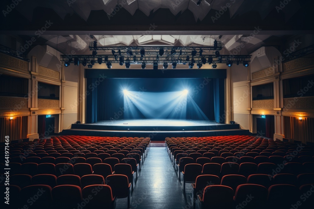 Interior of a conference room that is empty and has a presenting stage ...
