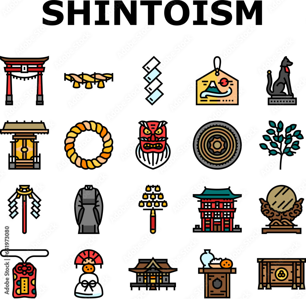 shinto japan japanese temple icons set vector. asia, asian torii ...