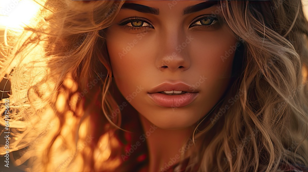 A close-up of a model's face, accentuating the details of makeup, with ...