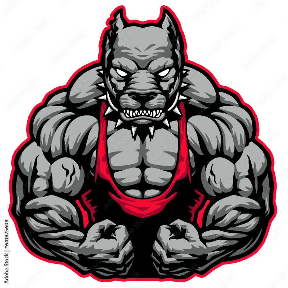 angry strong bodybuilder dog pitbull shows muscles, vector, logo ...