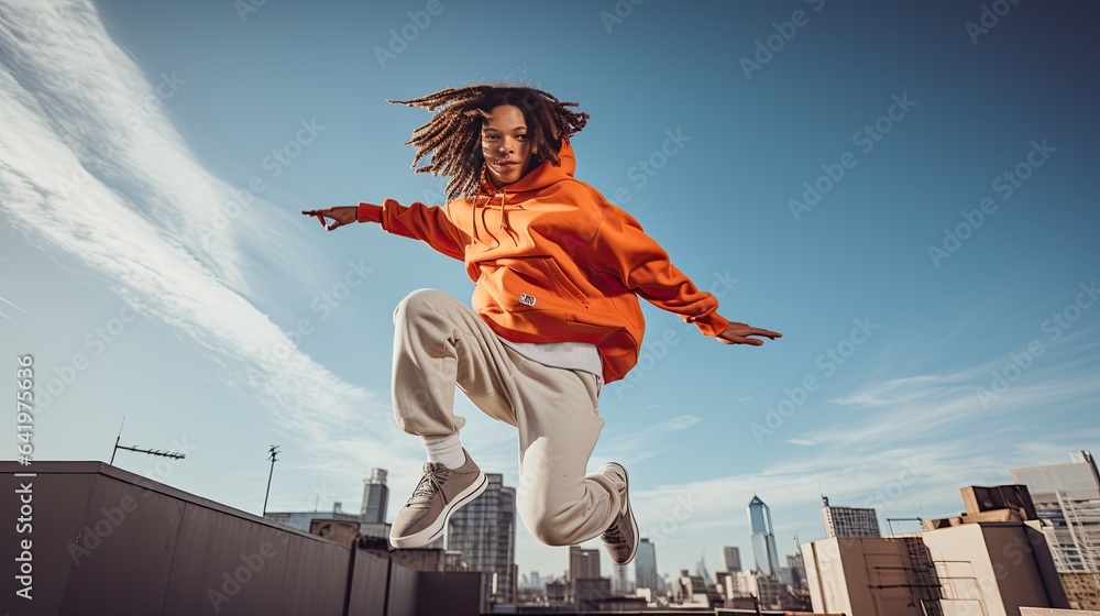 Dynamic shot of a model in a streetwear outfit, captured mid-jump on a city rooftop, with ...