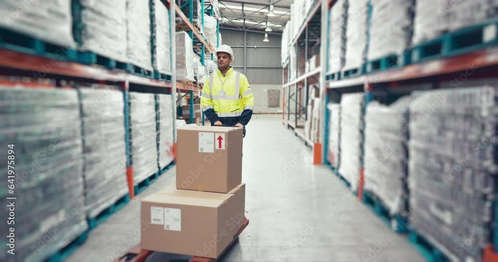 Boxes, factory trolley and walking man transport product, cardboard ...