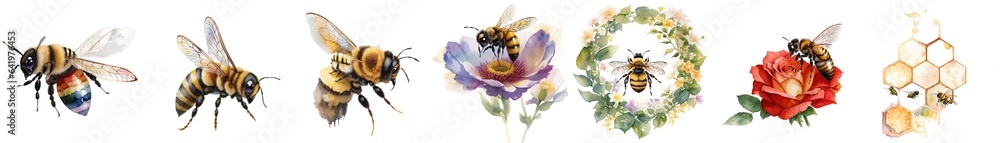 Watercolor Honey Bees Pollinating Clipart Collection Transparent ...