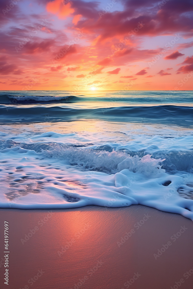 a beach and sky with beach sand, with the sun rising behind ocean waves ...