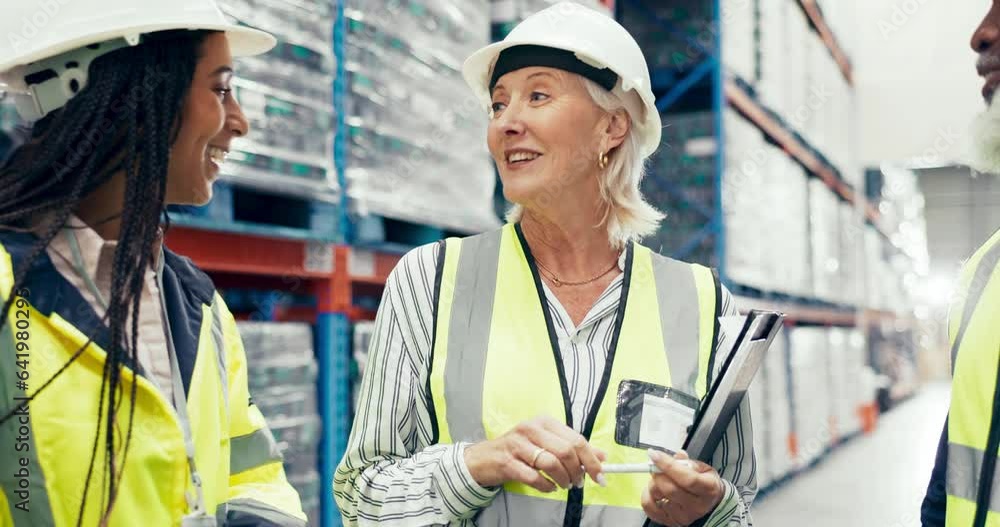 Warehouse team, happy woman and logistics inspection, inventory ...