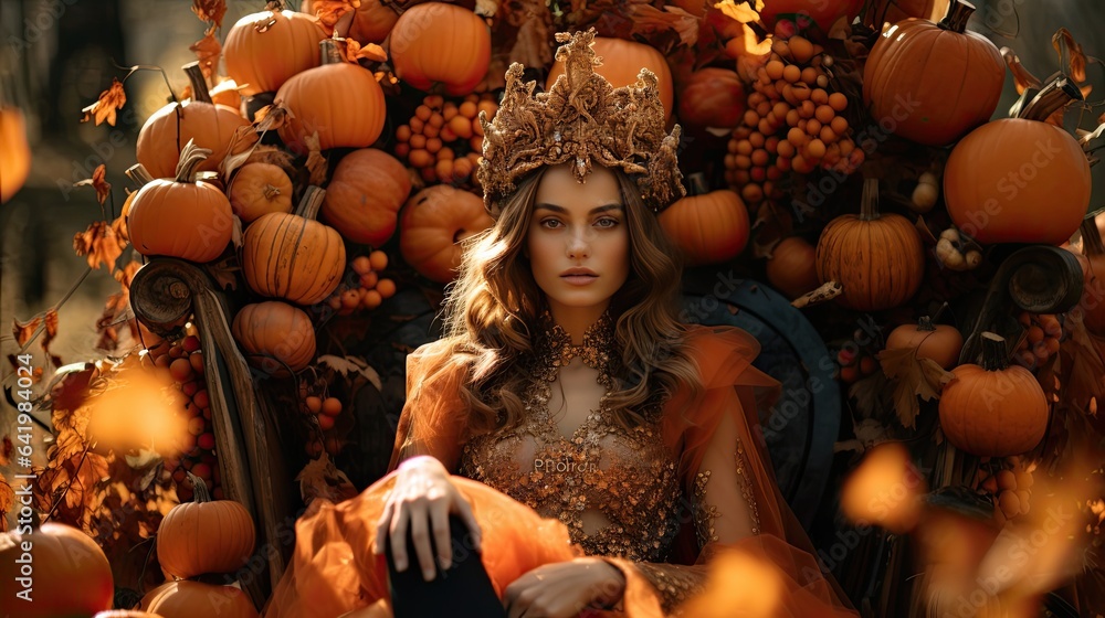 Model seated on a throne made of pumpkins, wearing a crown of autumn ...