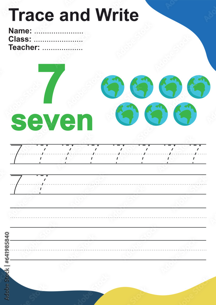 Number seven tracing practice worksheet with seven planets Earth. Page ...