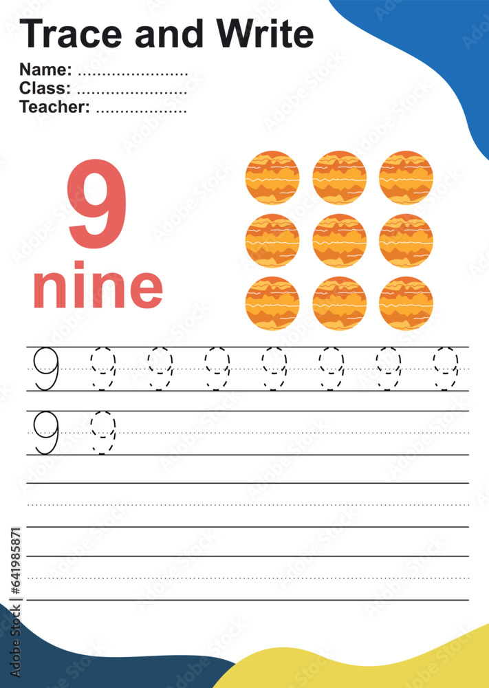 Number nine tracing practice worksheet with nine planets Jupiter. Page ...