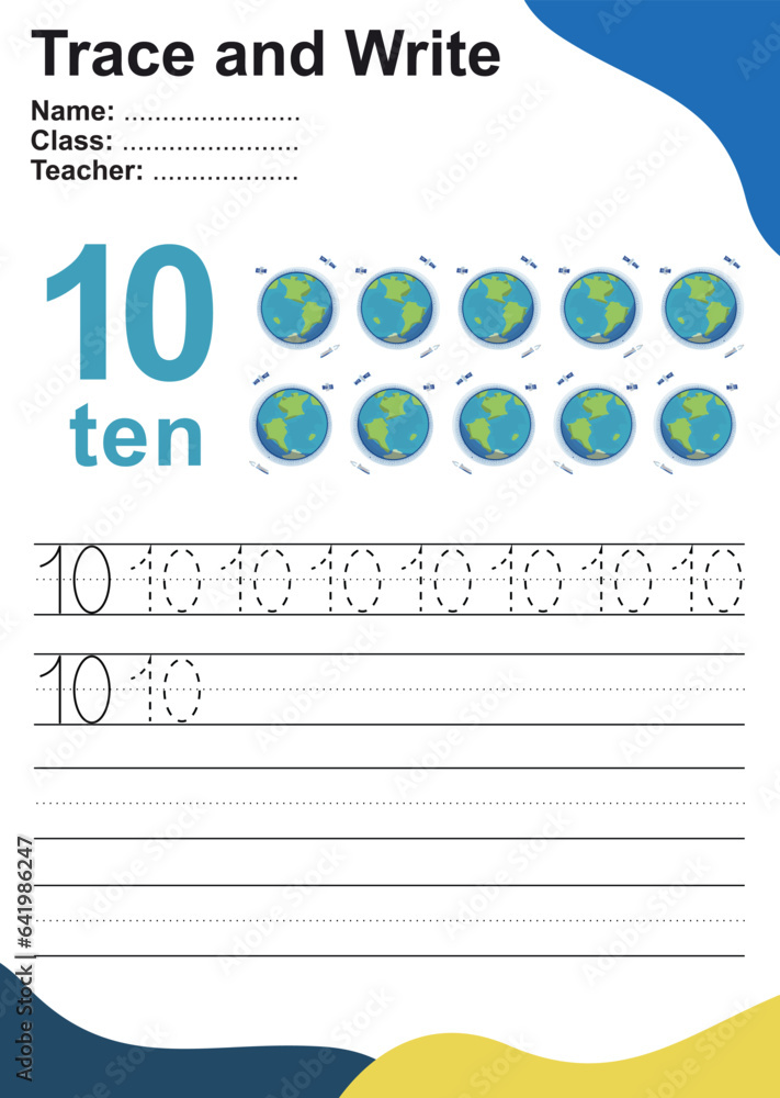 Number ten tracing practice worksheet with ten planet Earth surrounded ...