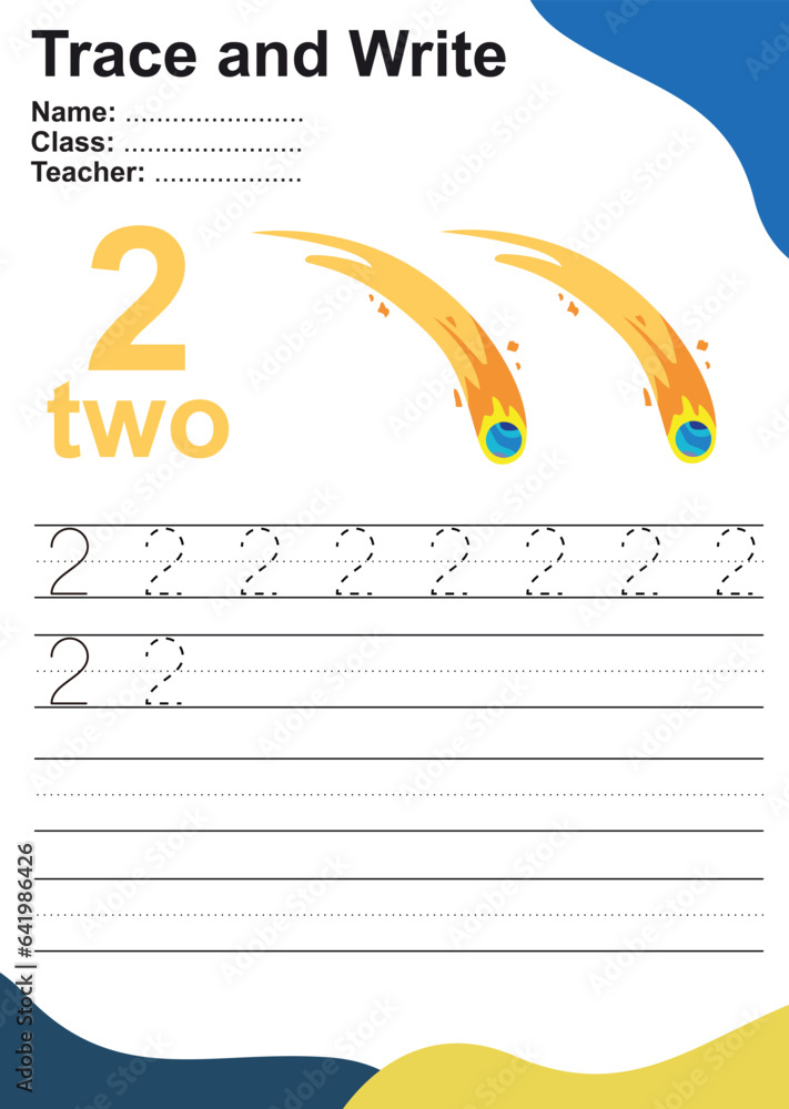Number two tracing practice worksheet with two falling comets. Page for ...