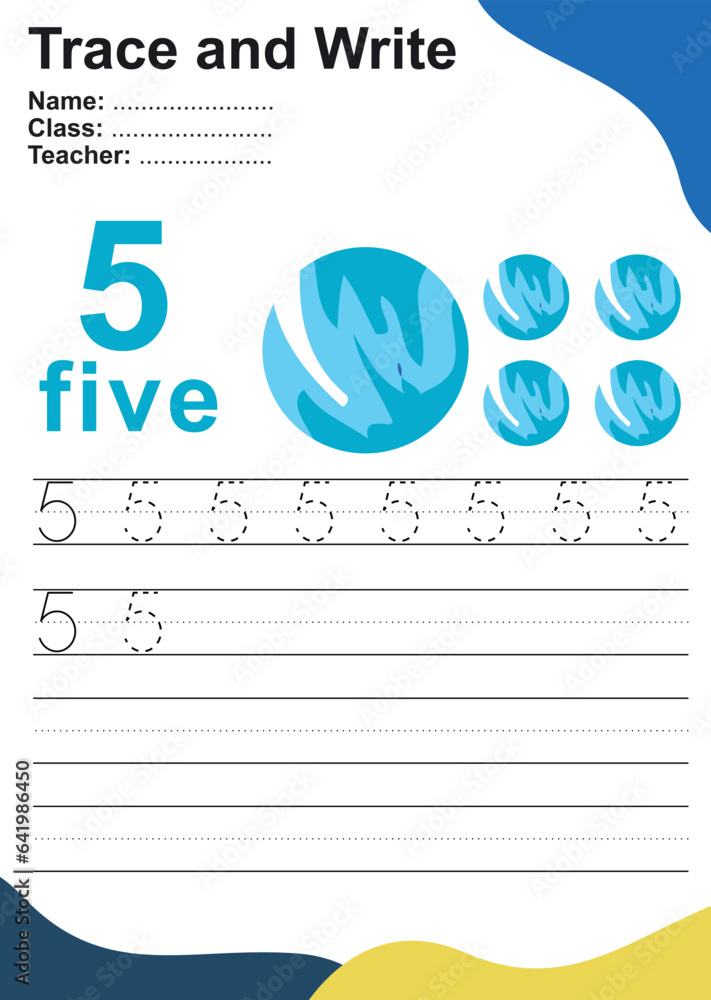 Number five tracing practice worksheet with five planets Venus. Page ...