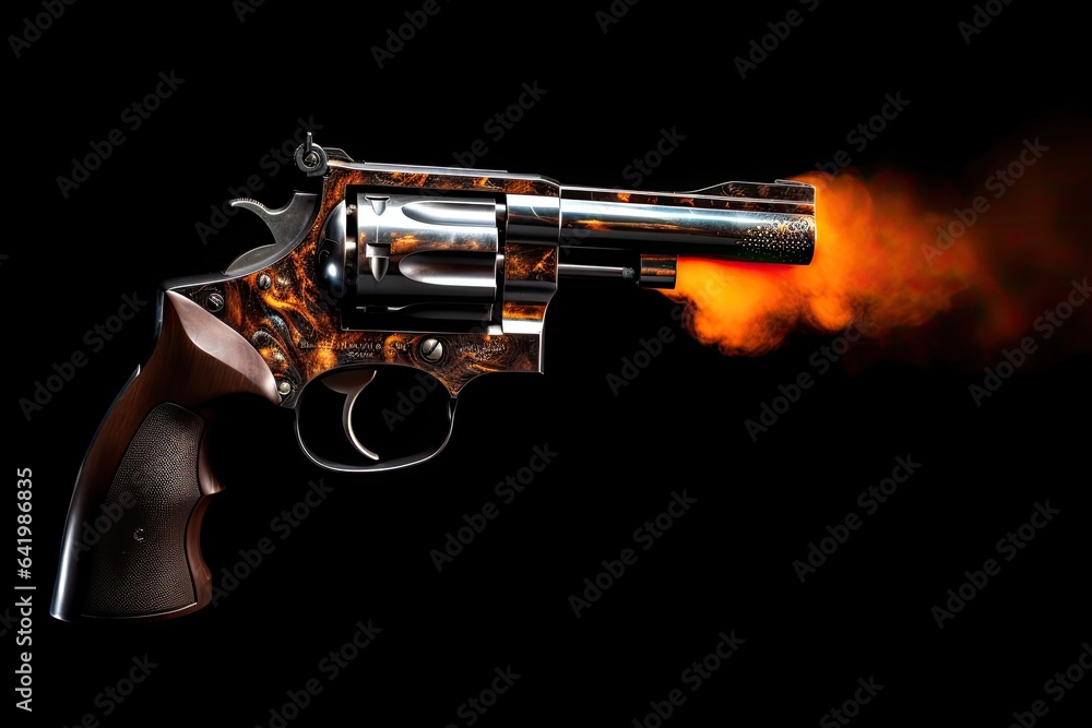 A cold revolver with fire. Self defense weapon concept. Black ...