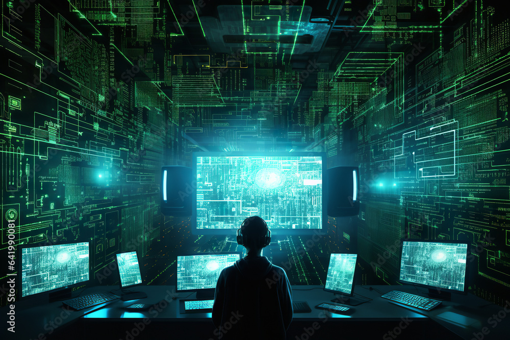 A technologically advanced room overflows with projections of binary code and innovative ...