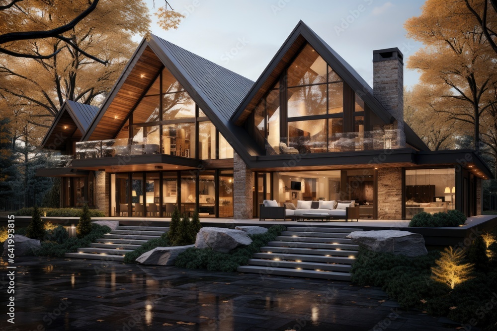 double gable roof modern house with large windows and well decorated ...