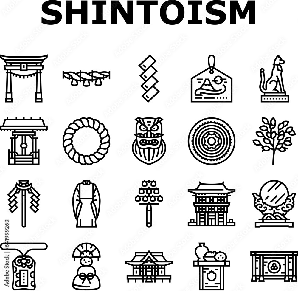 shinto japan japanese temple icons set vector. asia, asian torii ...