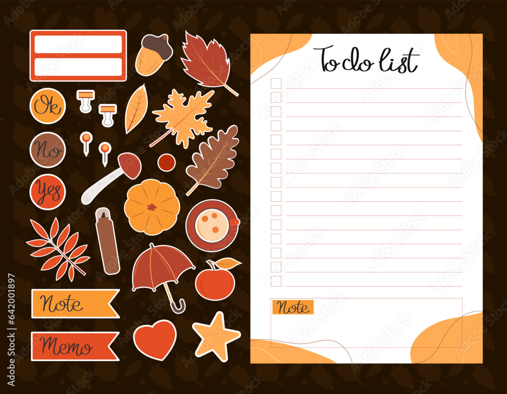 Autumn to-do list template. Set of to do list and stickers. Template ...