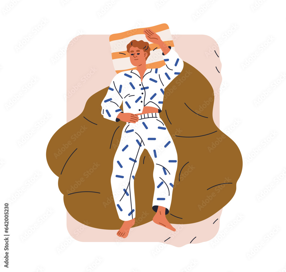 Man sleeping, lying on back. Person asleep, relaxing in pajamas on ...